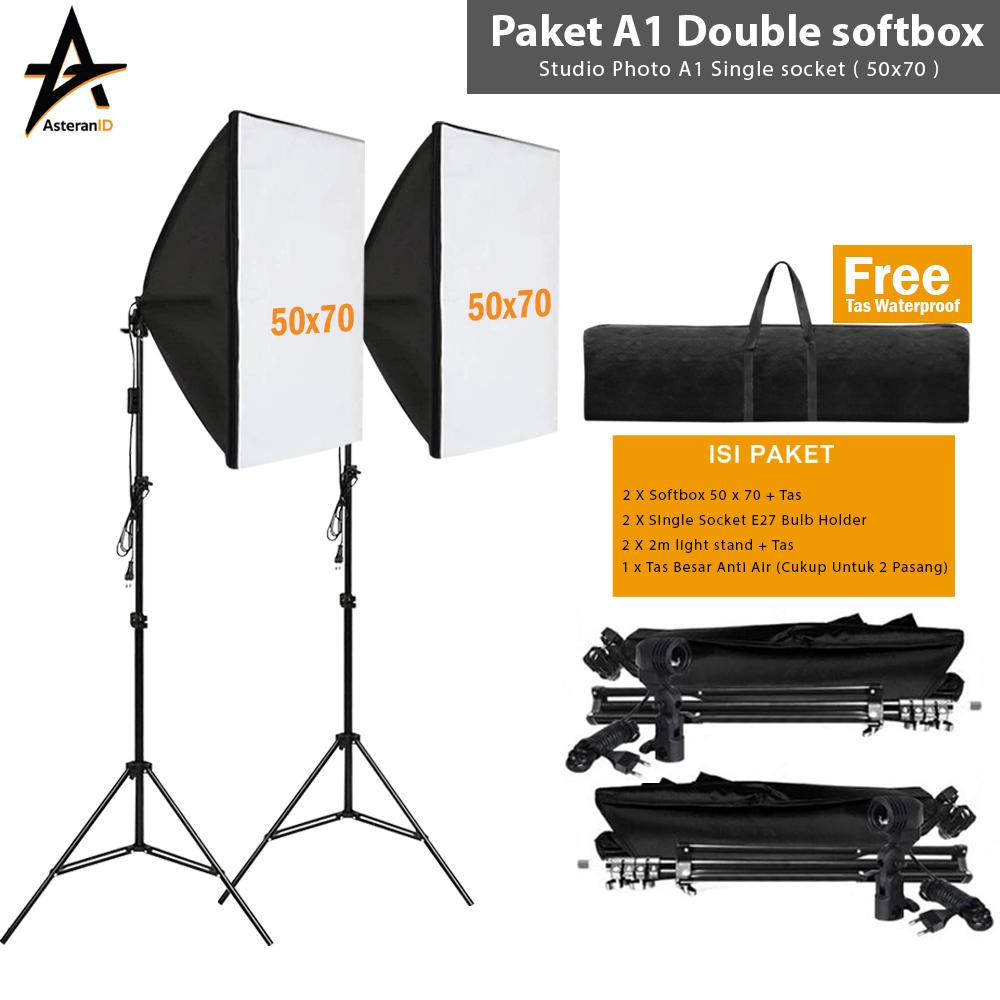 Jual Paket Double Softbox Lighting Light Stand 2M + 1 Socket E27 ...