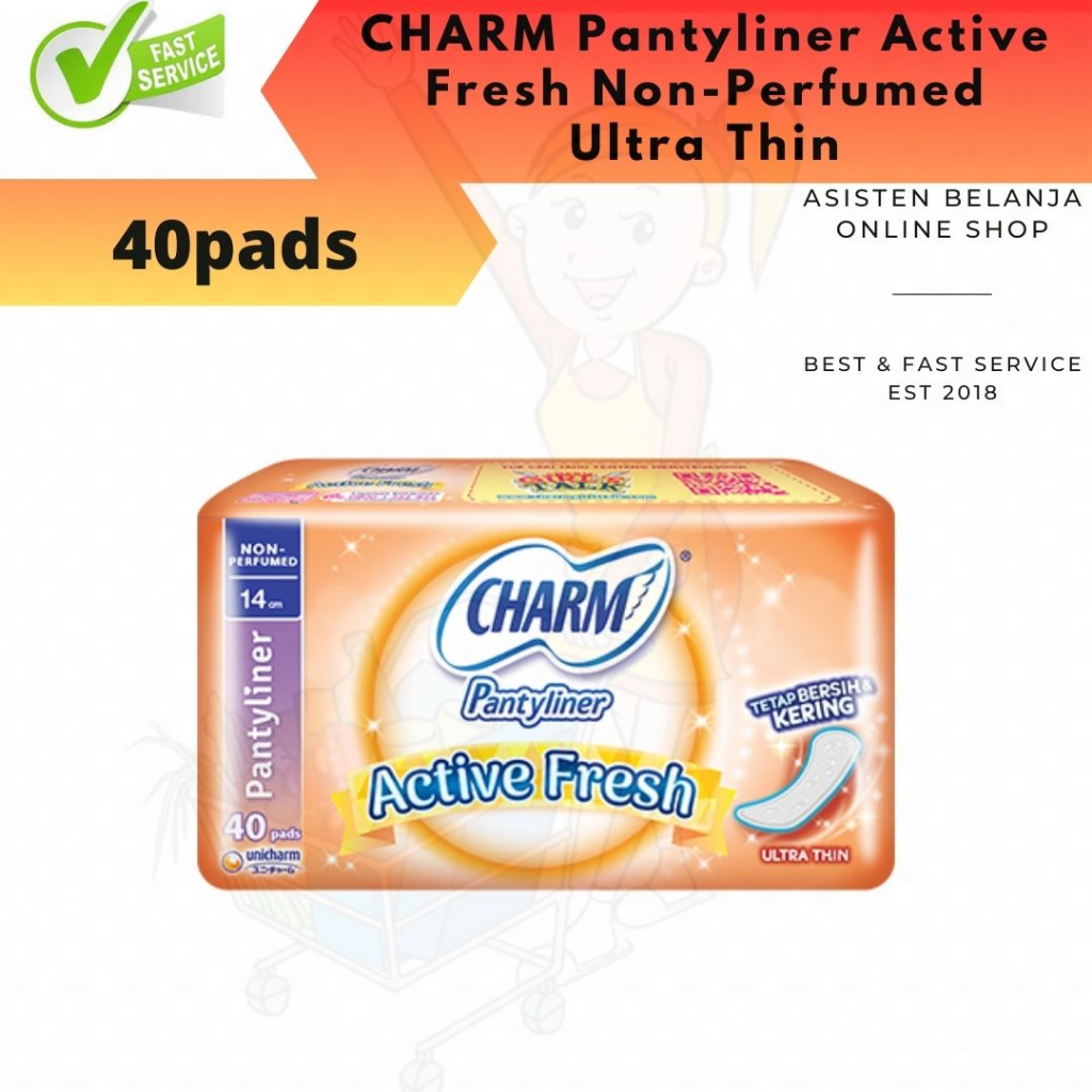 Jual Charm Pantyliner Active Fresh Ultra thin Non Perfumed isi 40 Pads ...