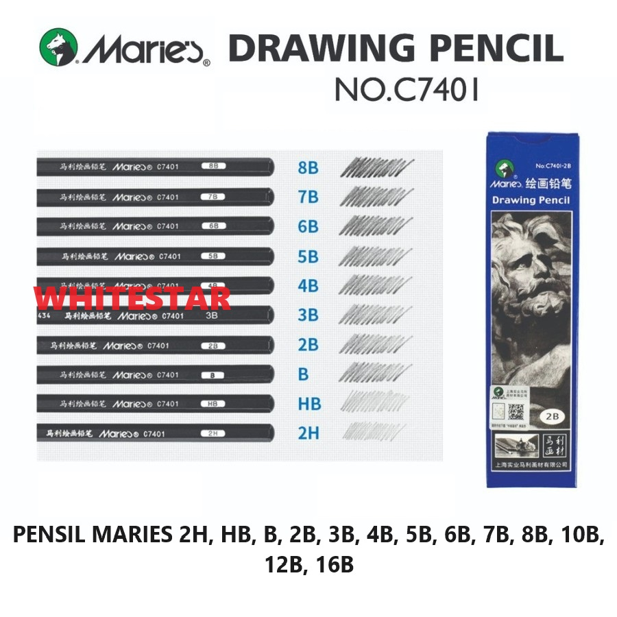 Jual pensil maries drawing pencil 2H HB B 2B 3B 4B 5B 6B 7B 8B 10B 12B 14B | Shopee Indonesia