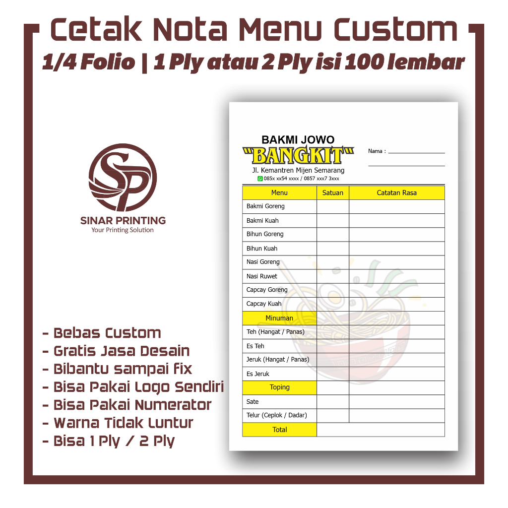 Jual Nota Menu Custom - Nota Cafe - Nota Rumah Makan - Nota Custom 1/4 ...