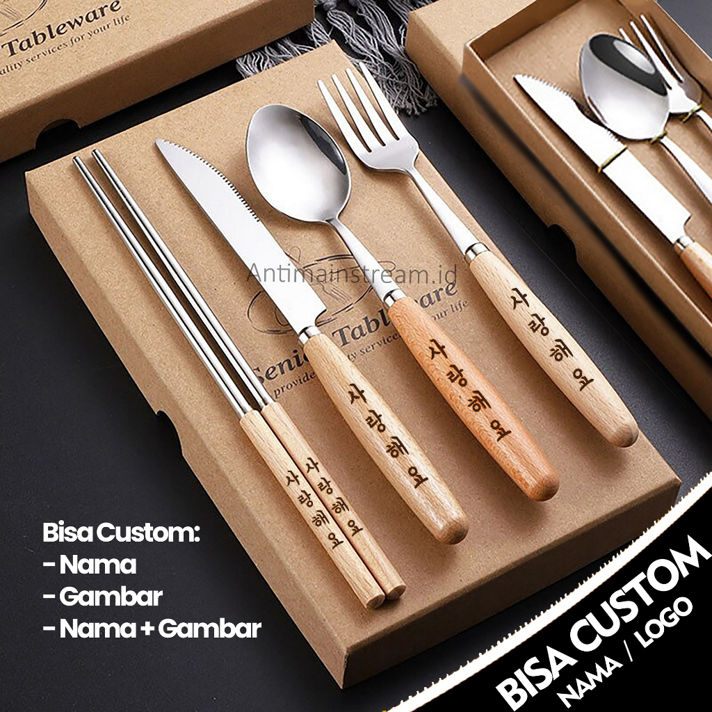 Jual [BISA CUSTOM] Set Sendok Korea Gagang Kayu/ Set Alat Makan ...