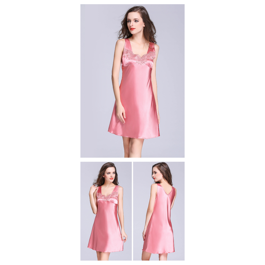 Jual Silvia - Daster Piyama Satin Silk With Chest Pad Pink Color ...