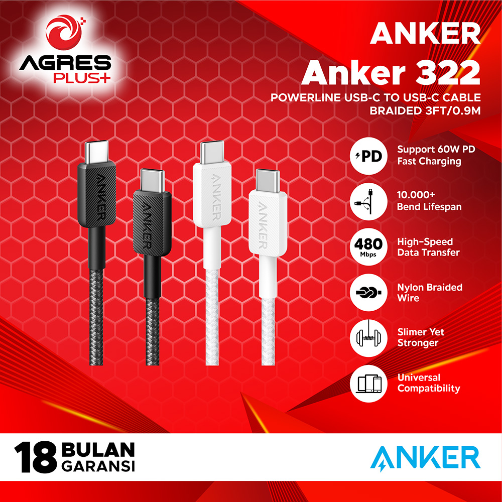 Jual ANKER Kabel 322 Type-C To Type-C 60W 3Ft Nylon Braided Cable AGP ...