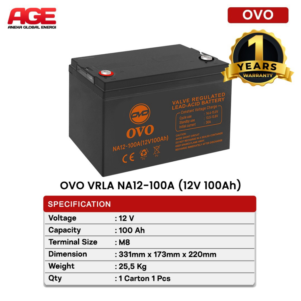 Jual BATERAI AKI UPS/SOLAR PANEL OVO 12V 100AH VRLA AGM NA12V 100AH UPS ...