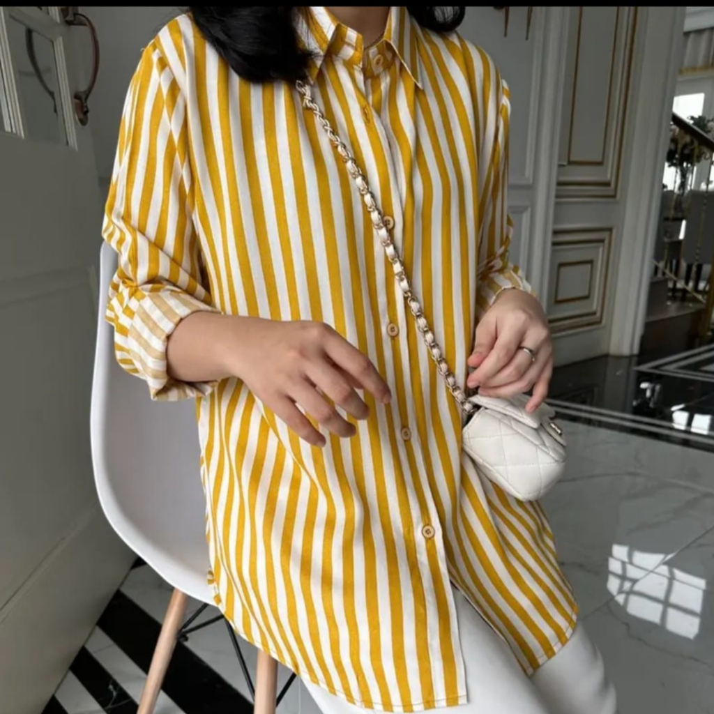 Jual Kemeja Wanita Garis Salur Stripe Katun Lengan Panjang Kancing ...