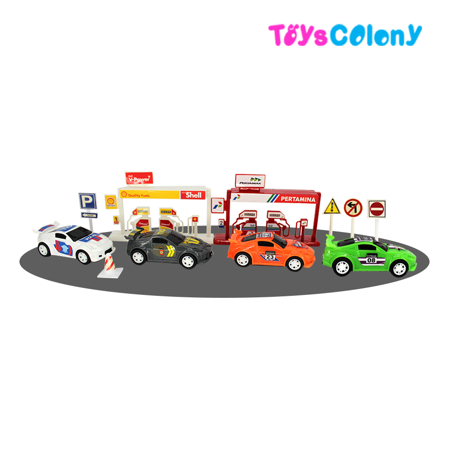 Jual Mini Pom Bensin/SPBU Isi 2 Mobil Mini Rally + Rambu - Mainan Anak ...