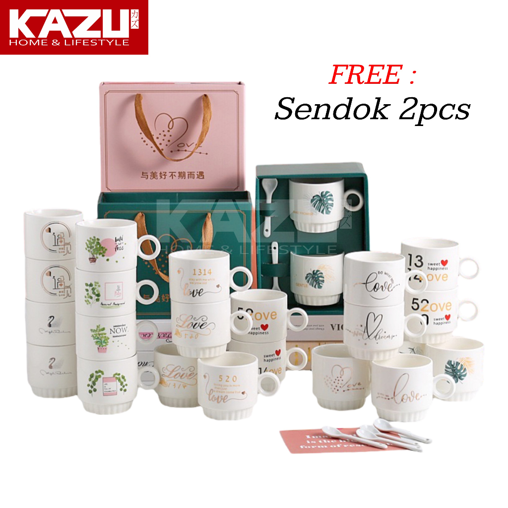 Jual KAZU K35 GELAS KERAMIK SET 2PCS + SENDOK MOTIF PREMIUM / CANGKIR ...