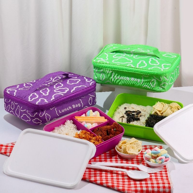 Jual Tas Bekal Set Kotak Makan Sendok Garpu Lengkap Lunch Bag Awan | Shopee Indonesia