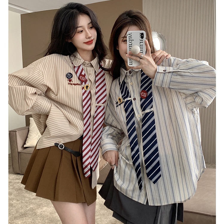 Jual Garis-garis Kemeja Shirt Oversized Stripe Shirt Korea Atasan Wanita Lengan Panjang Blouse ...