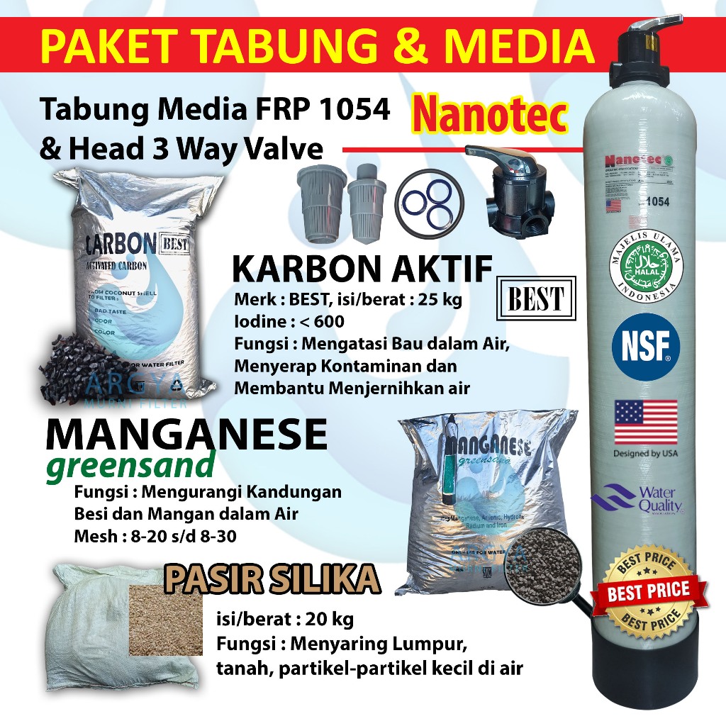 Jual Paket Tabung Media FRP 1054 Nanotec + Head 3 Way Valve + Pasir Silika 20 Kg + Manganese ...