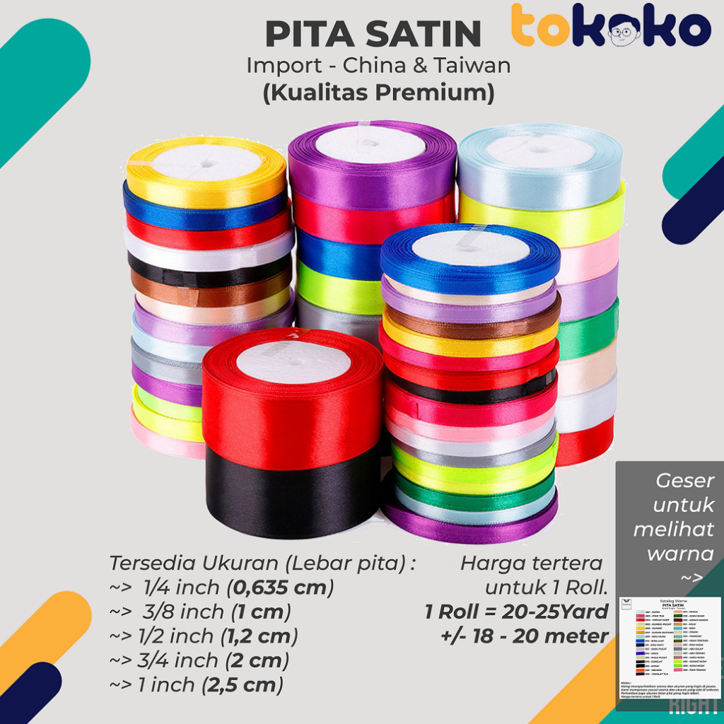 Jual Pita Satin 3/4 inch 2 cm Aneka Warna IMPORT Taiwan dan China | Shopee Indonesia