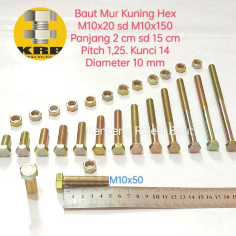 Jual Baut Mur Kuning Hex M10x20, M10x25, M10x30, M10x35, M10x40, M10x50 ...
