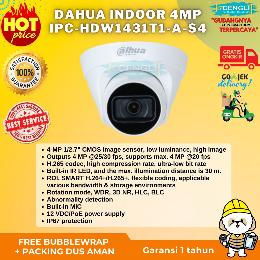 Jual DAHUA CCTV Indoor DH-IPC-HDW1431T1-A-S4 4MP IR Fixed-focal Eyeball with Mic | Shopee Indonesia