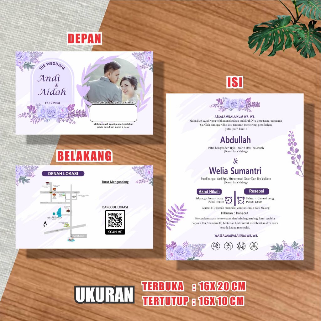 Jual undangan pernikahan lipat A Free (desain, plastik, foto, denah ...