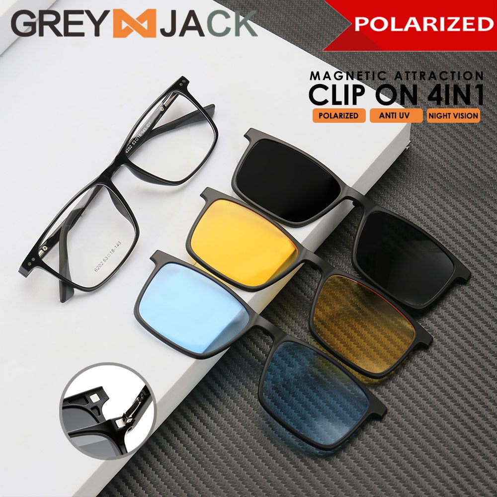 Jual Grey Jack Kacamata Clip On 4in1 Free Lens Polarized Model Kotak Persegi Fashion Pria Wanita ...
