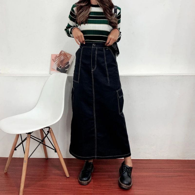 Jual ROK CARGO LIST WANITA JEANS HITAM PANJANG HIGHWAIST ROK SPAN MAXI ...