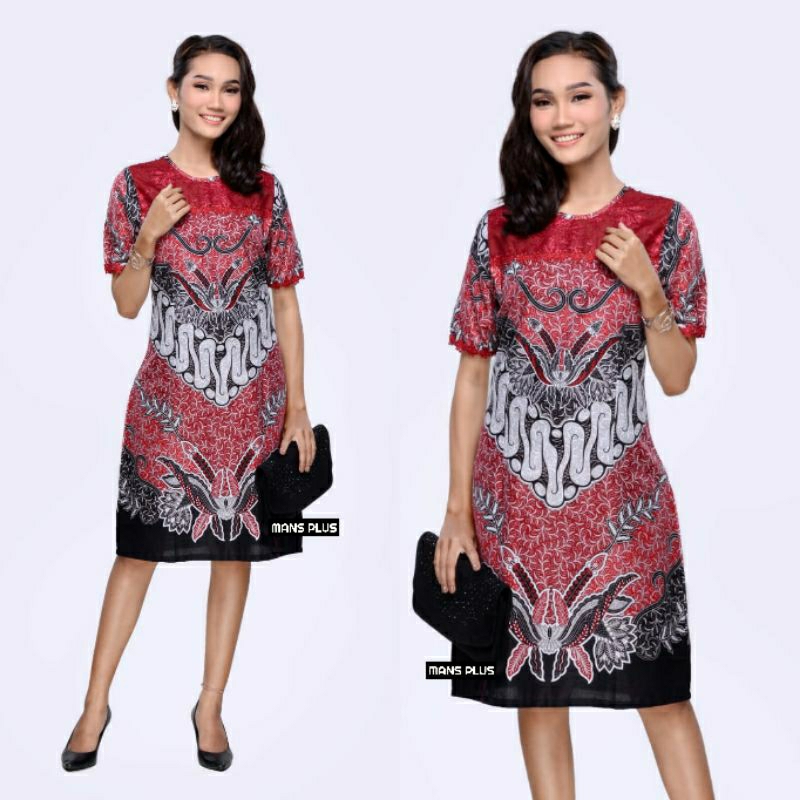 Jual Dress Batik Wanita Jumbo Modern 4L-5L Kombinasi Brokat Terusan Big ...