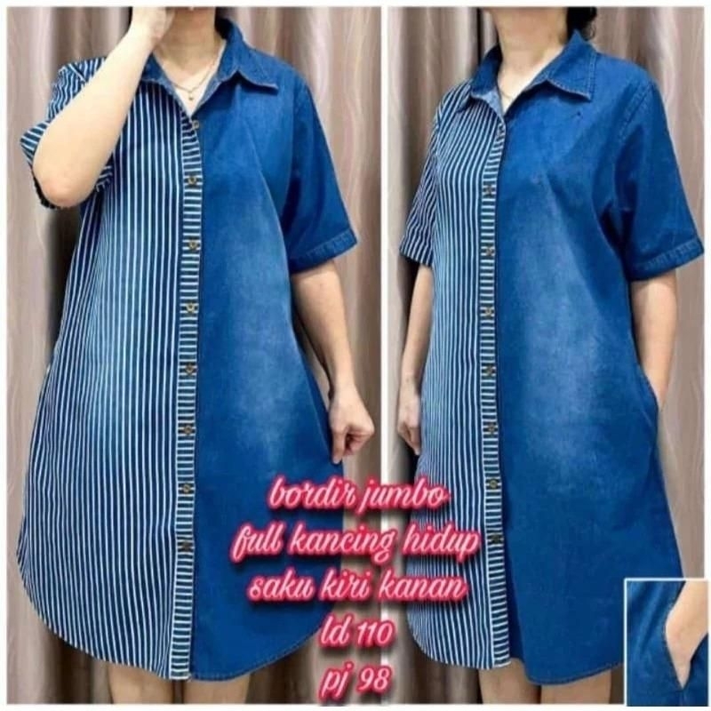 Jual Dress tunik jeans jumbo kombi jeans salur jumbo 3L ld110 pj97-98 ada saku, ada lengan ...