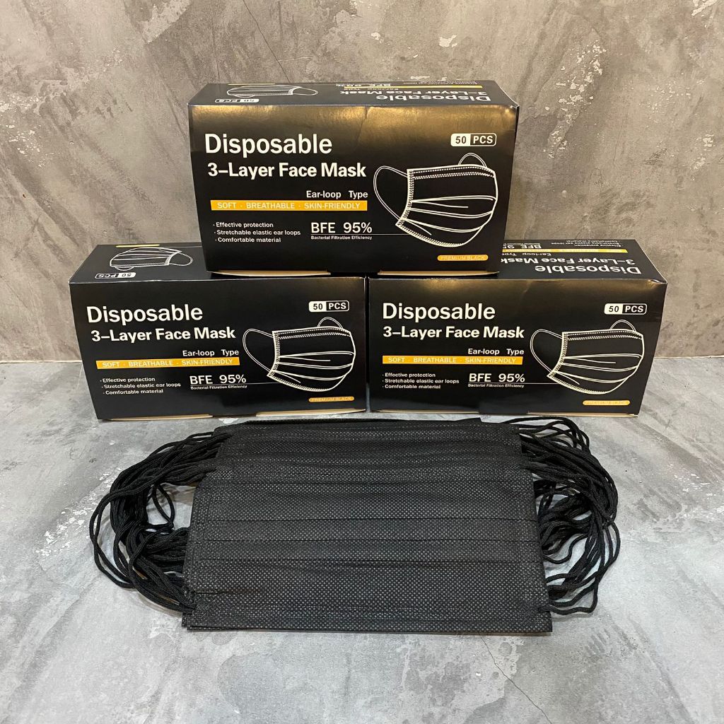 Jual Masker 3ply earloop dispo hitam isi 50 pcs | Shopee Indonesia