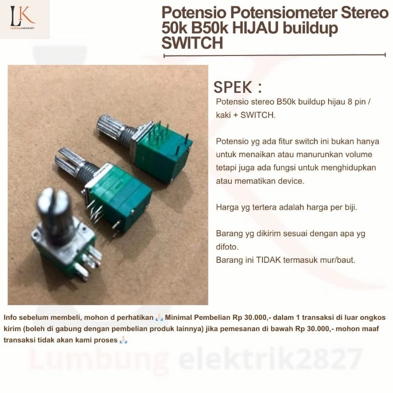 Jual Potensio Potensiometer Stereo 50k B50k HIJAU buildup SWITCH 8 PIN ...