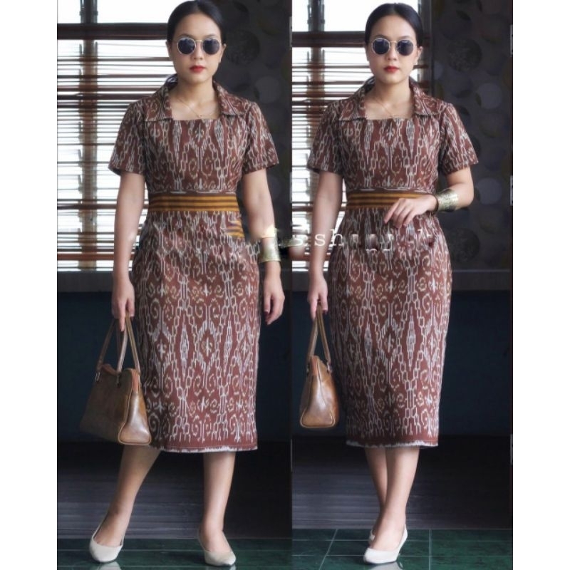 Jual Dress Tenun Ikat Etnik Motif Sintang Coklat OT66 | Shopee Indonesia