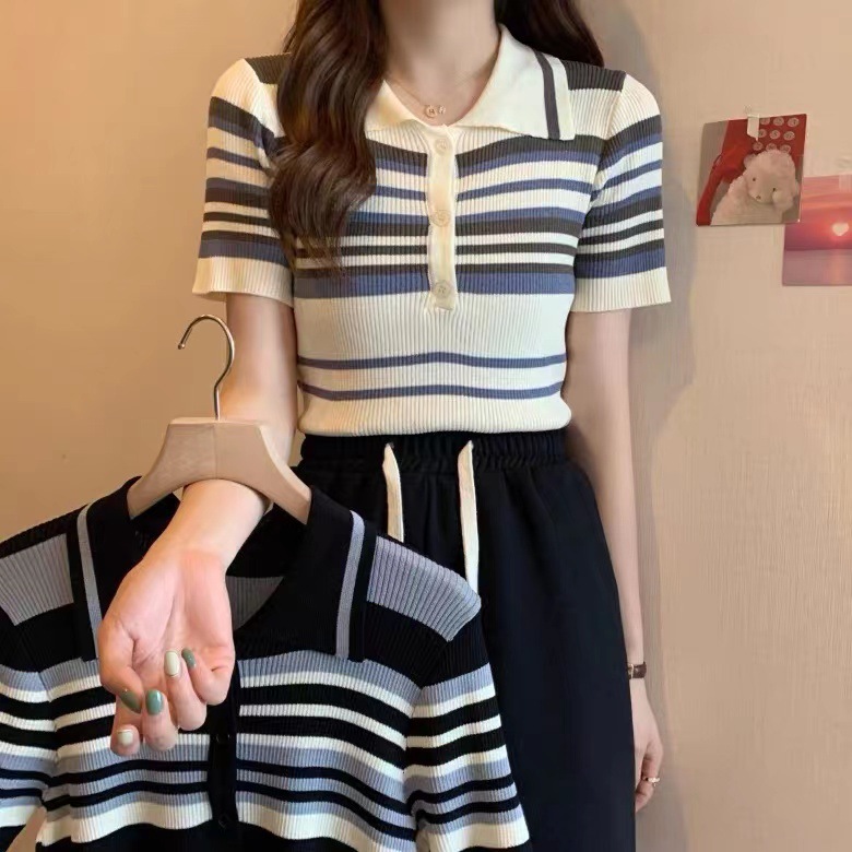 Jual Atasan Kerah polo Rajut Salur- Kancing Vneck Crop Top Stripe - Atasan Wanita Korean Style ...