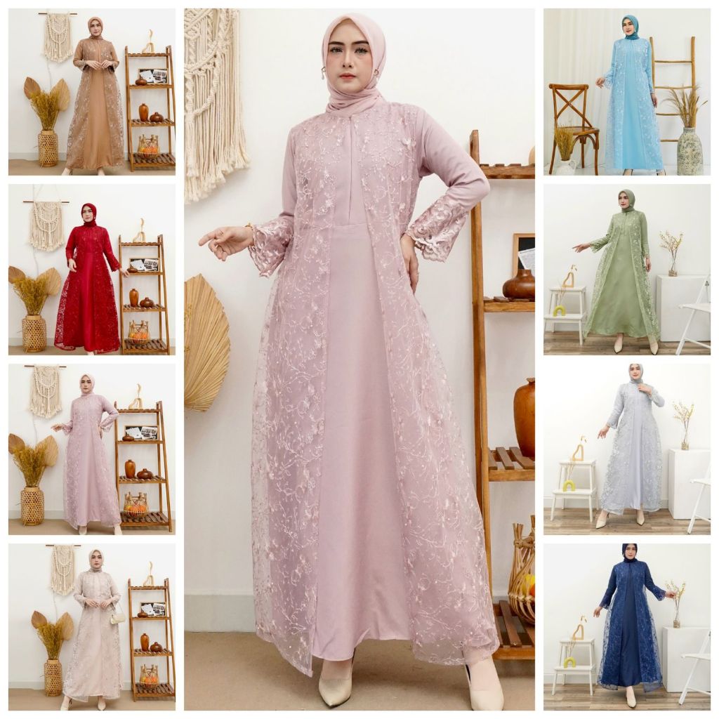 Jual (S,M,L,XL,XXL) Gamis Hena Busui Tile Bordir Mutiara Maxi Dress Lebaran Brukat Tulle Baju ...