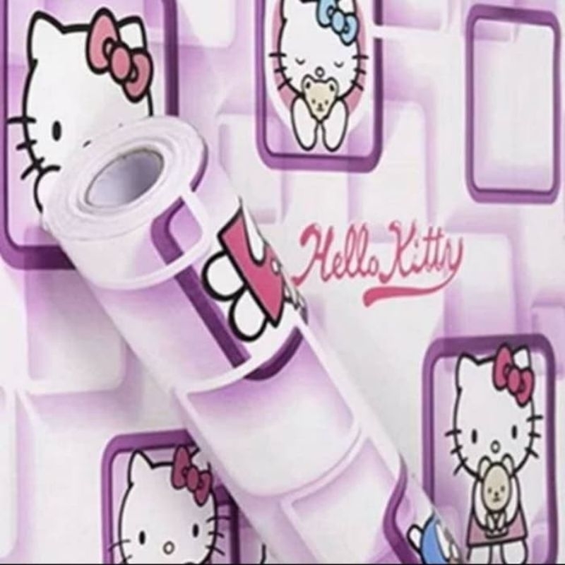 Jual (COD) WALLPAPER STICKER DINDING HELLO KITTY 3D UNGU / WALLPAPER ...