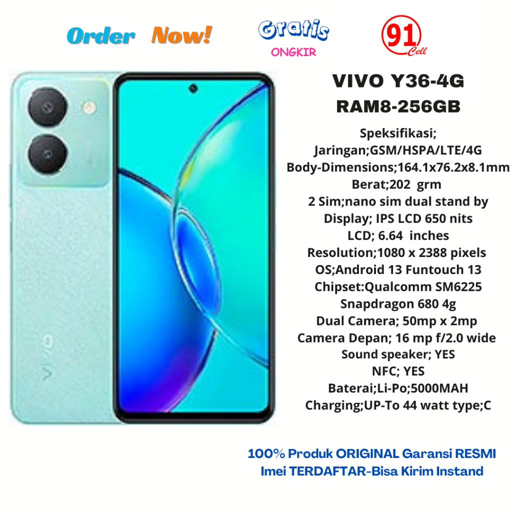Jual VIVO Y36 NFC 4G (RAM8/256GB) CHIPSET QUALCOMM SM6225 SNAPDRAGON ...