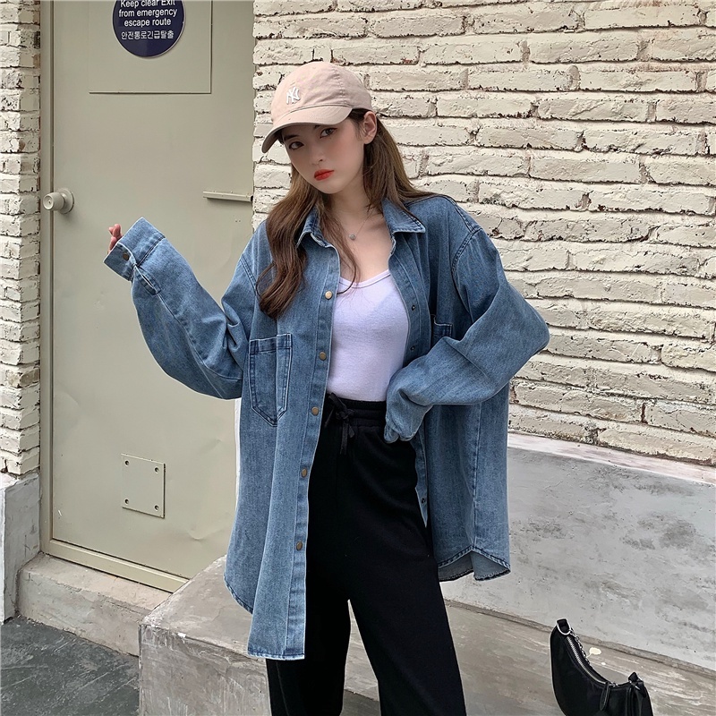 Jual [COD] Kemeja Jeans Oversize Wanita blouse Korean style Premium jaket Cewe atasan oversize ...