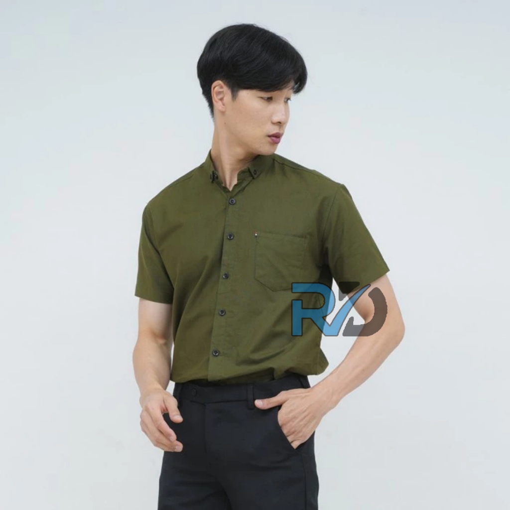 Jual Kemeja Pria Polos Premium Hijau Army Slimfit Casual Lengan Pendek Katun Oxford Popelin Best ...
