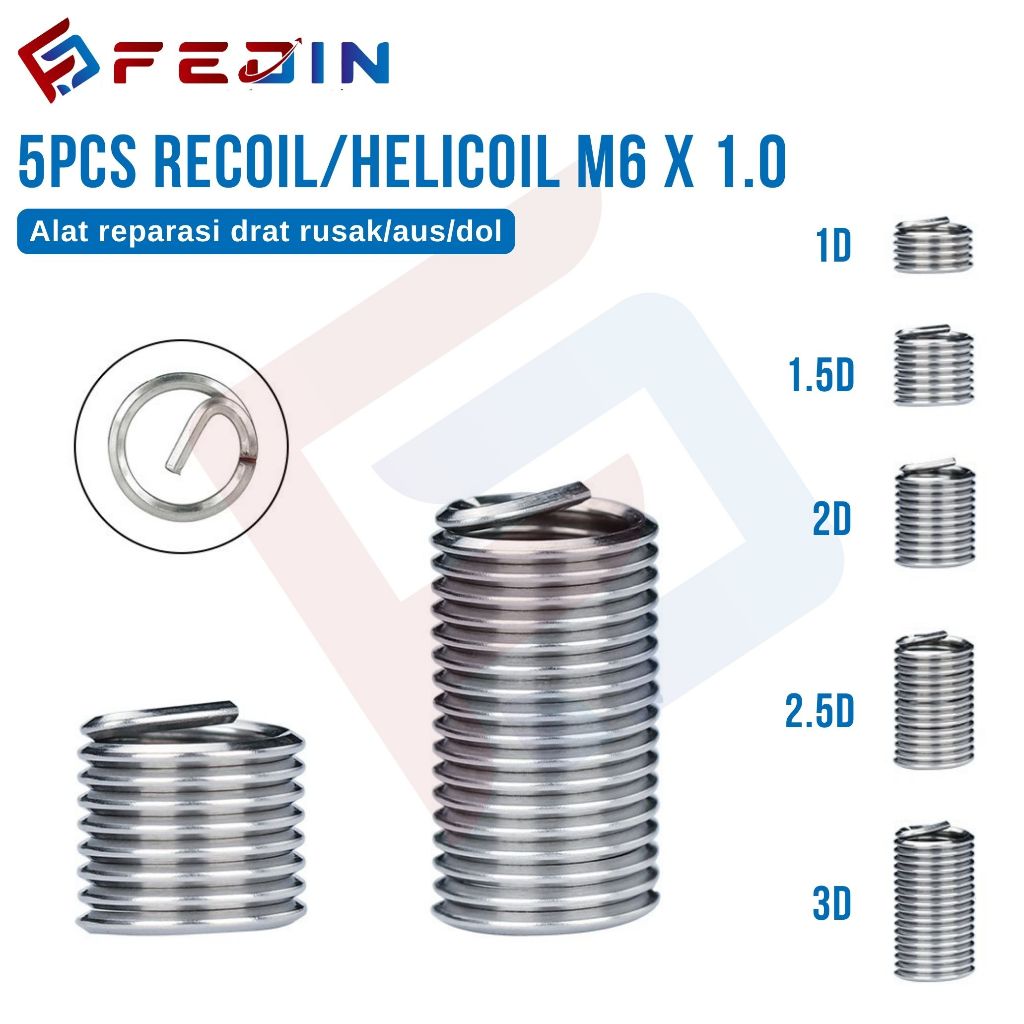 Jual Fedin 5pcs Recoil M6 x 1.0 1D 1.5D 2D 2.5D 3D Helicoil Alat Perbaikan Drat Baut 10 Recoil ...