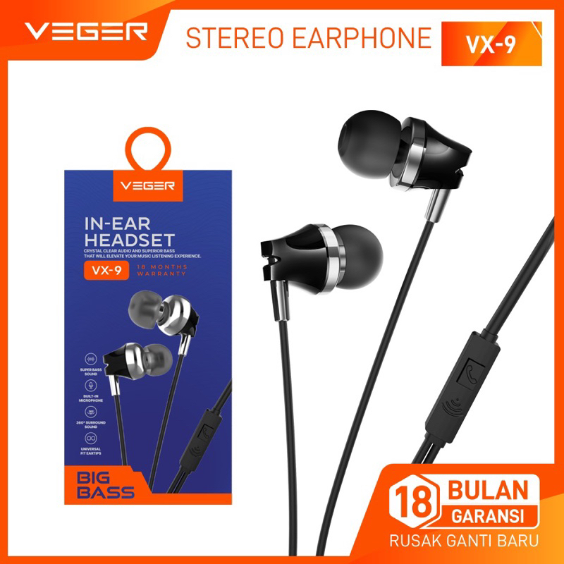 Jual Headset VEGER VX-9 / headset handsfree earphone VEGER VX-9 extra ...