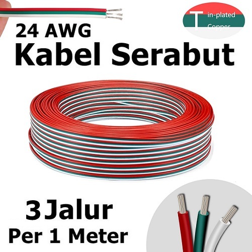 Jual Eceran 1 Meter Kabel Serabut 3 Warna 3 Jalur 3 x 24 AWG High Qualty Tin Copper Cable Led ...