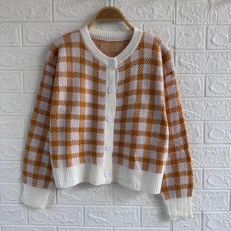 Jual SNOW CROP TOP CARDI Korean Rajut Sweater Cardigan Motif Kotak Kotak | CARDIGAN CROP TOP ...