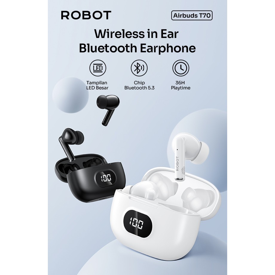 Jual Robot T70 Airbuds TWS Bluetooth 5.3 Earphone Deep Bass LED Display ...