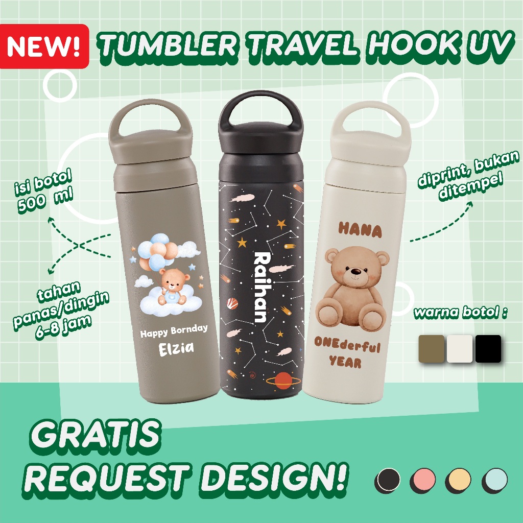 Jual Tumbler Minum Custom Cetak UV Nama / Logo Promosi Japan Hook Full Print UV Botol Minum ...
