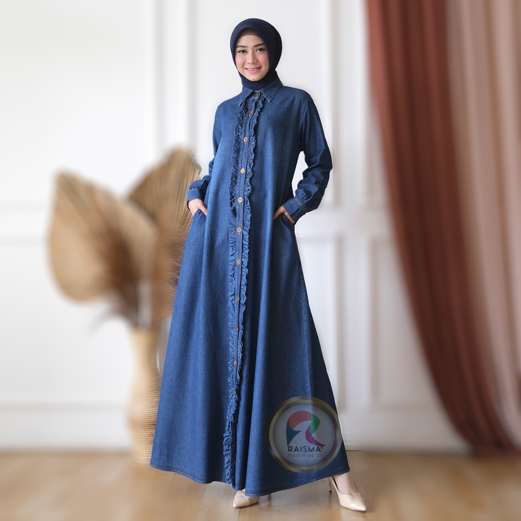 Jual Raisma - Raisa Gamis Denim Jins Biru Dongker Model Kancing Depan ...