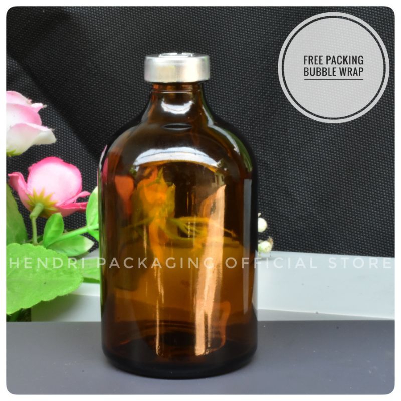 Jual Botol Kaca Vial Amber 100ml Tutup Karet Segel Aluminium | Shopee Indonesia