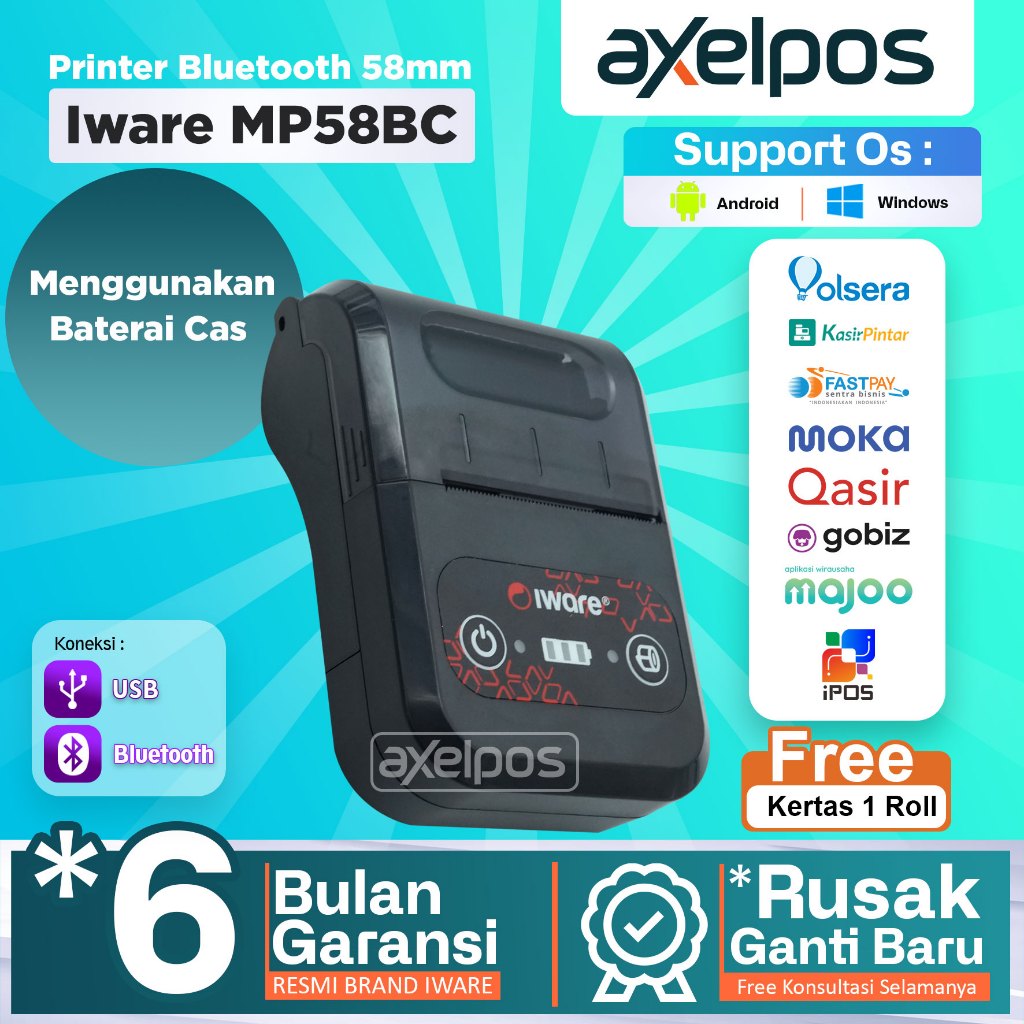Jual Axelpos MINI PRINTER BLUETOOTH KASIR THERMAL IWARE MP-58BC SUPPORT MOKAPOS | Shopee Indonesia