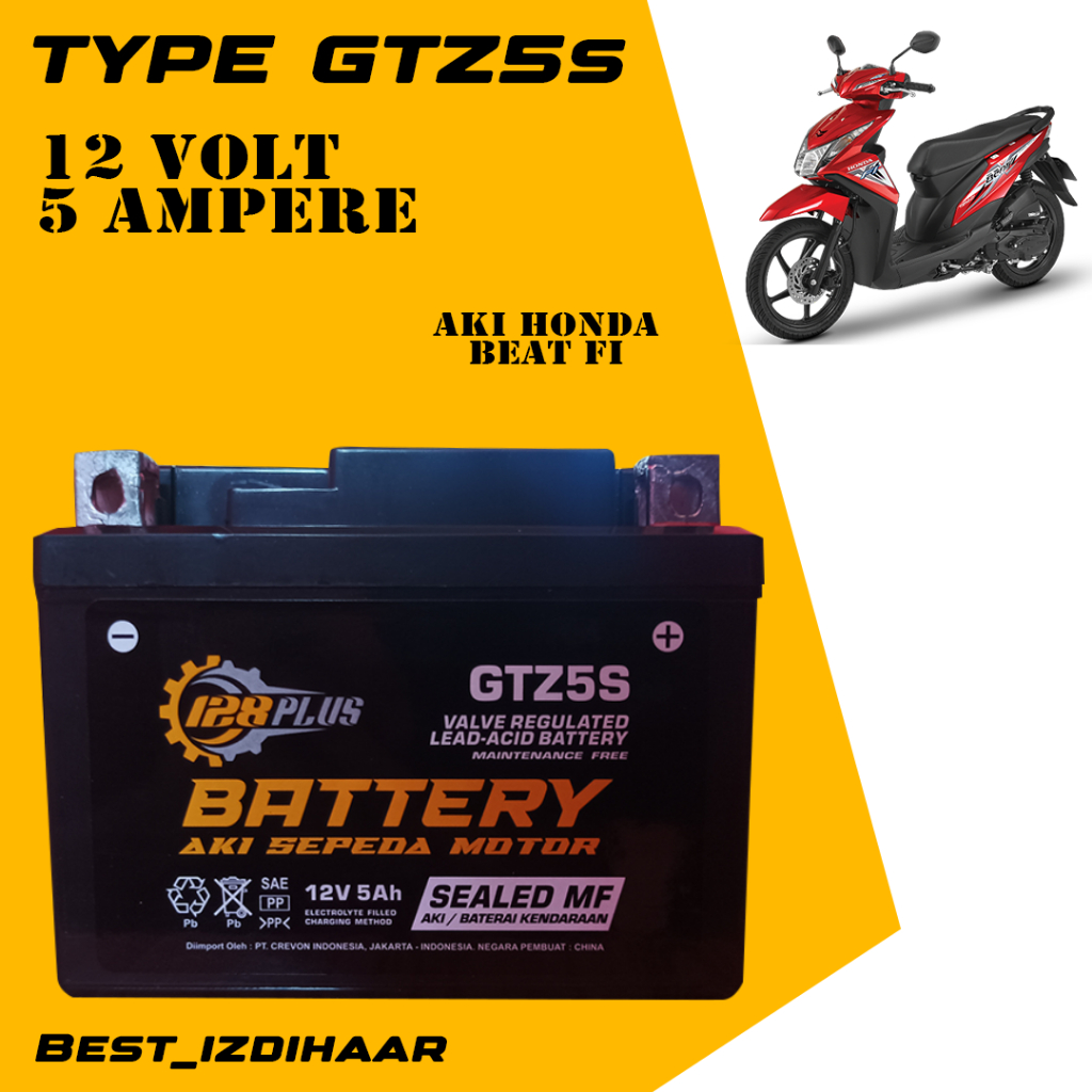 Jual aki kering 128 plus 12 volt 5 amper buat motor honda beat fi ...