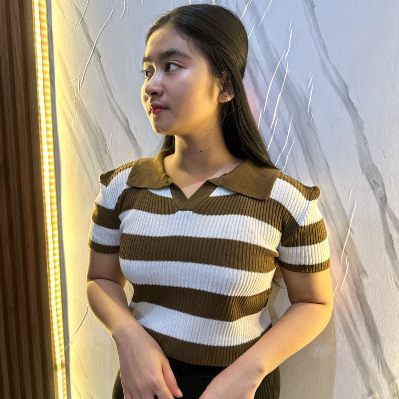 Jual Atasan Wanita Kerah polo Rajut Stripe - Vneck Crop Top Blouse Stripe - Polo Shirt Atasan ...