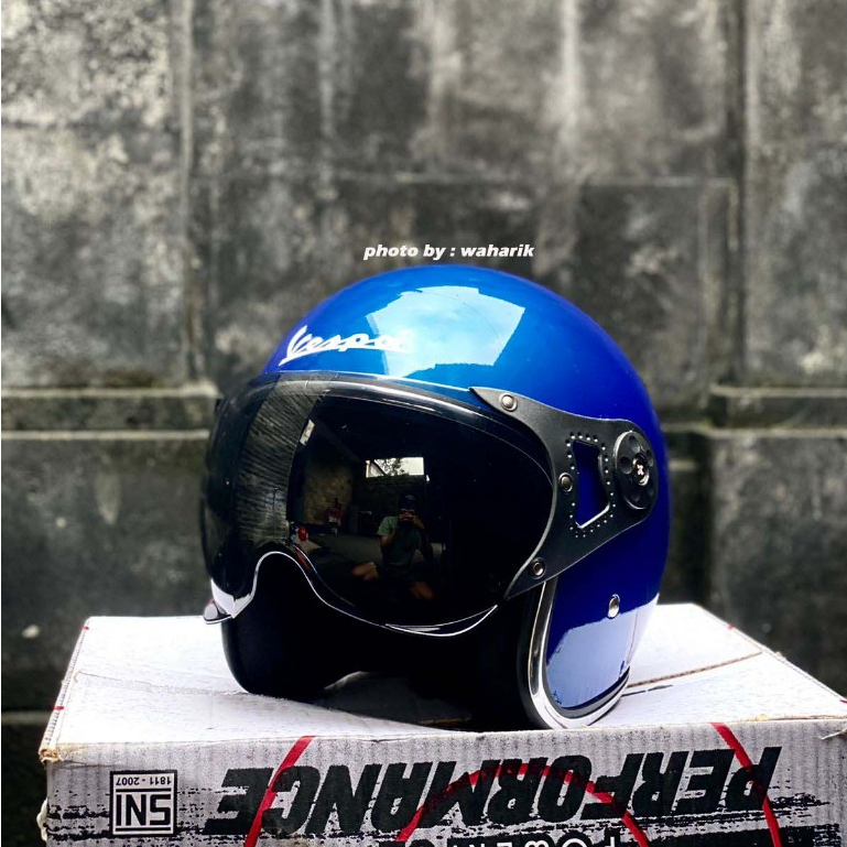 Jual Helm Vespa Special Blue Biru List Chrome Mewah + Visor | Shopee ...