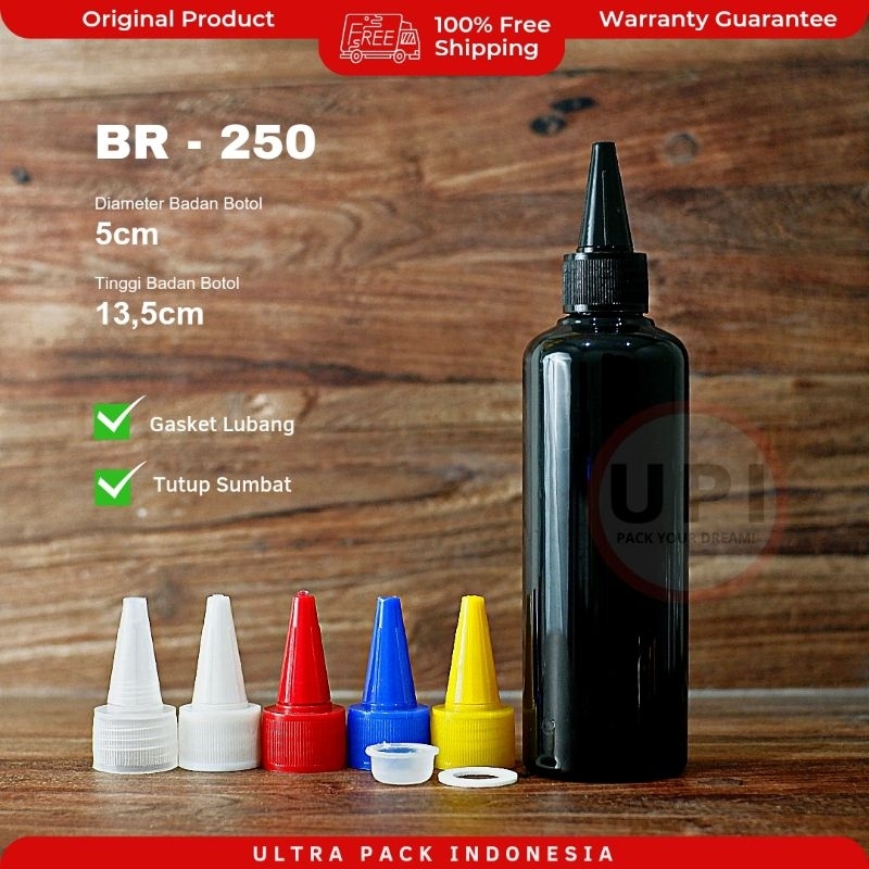 Jual KEMASAN BOTOL TINTA ISI ULANG || BOTOL PET BR 250ML HITAM + TUTUP KERUCUT + PLUG ANTI BOCOR ...