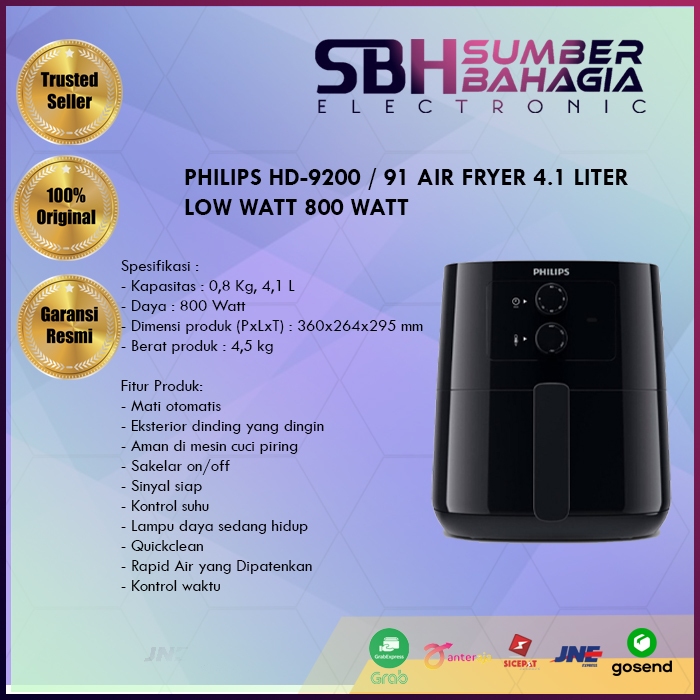 Jual PHILIPS HD-9200 / 91 AIR FRYER 4.1 LITER LOW WATT 800 WATT (NEW) (KHUSUS BANDUNG) | Shopee ...