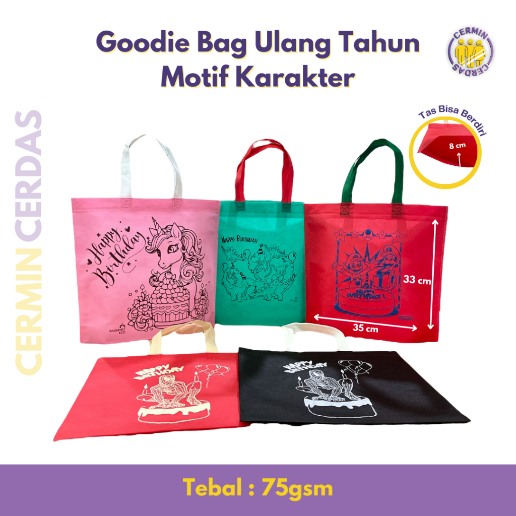 Jual Goodie Bag Ulang Tahun Tas Kain Spunbond Motif Karakter Untuk ...