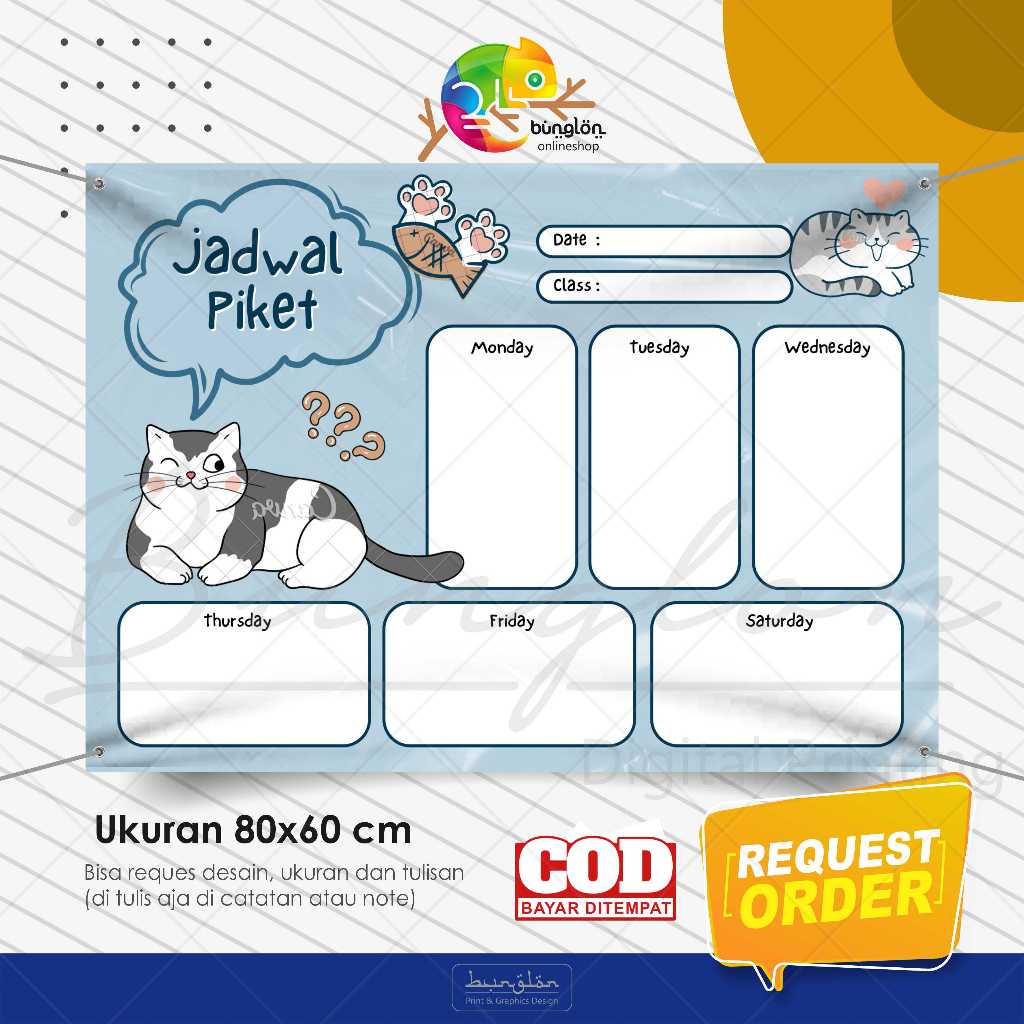Jual Spanduk & Banner Jadwal Piket Blue Cute Playful Cat Class Schedule ...