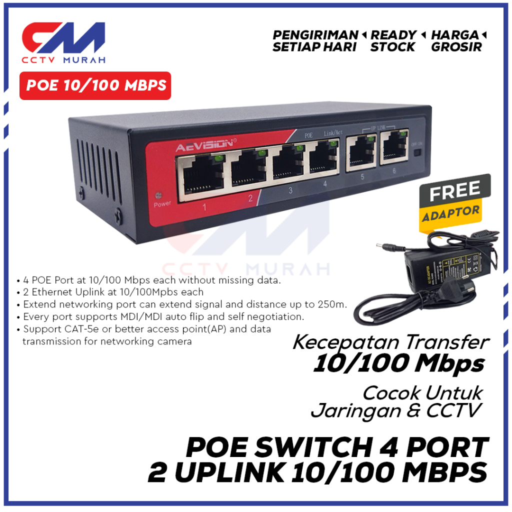 Jual POE Switch HUB Aevision POE 4+2 PORT || Type Seri FY-B0420F4 ...