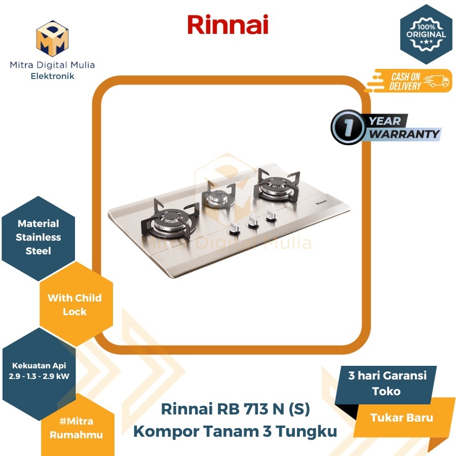 Jual Rinnai RB-713N (S) Kompor Tanam Built In Hob 3 Tungku | Shopee Indonesia