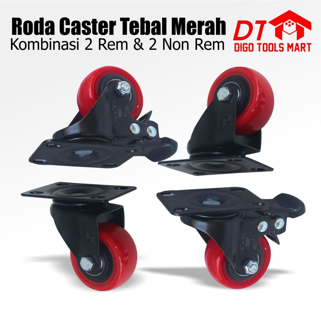Jual Roda Caster Tebal Merah 2 inci 50mm Kombinasi 2 Rem & 2 Non Rem ...